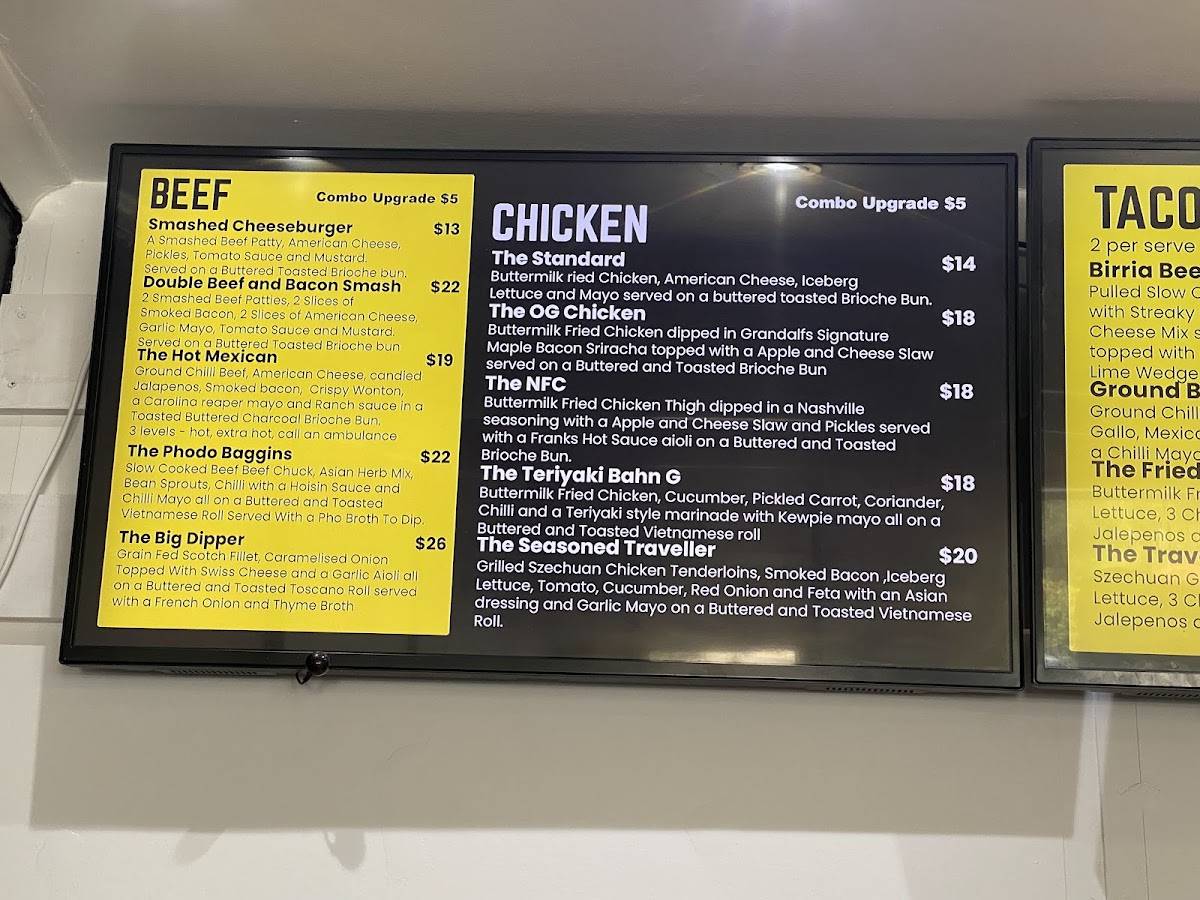Menu at Grandalfs Burgers & Tacos restaurant, Morphett Vale