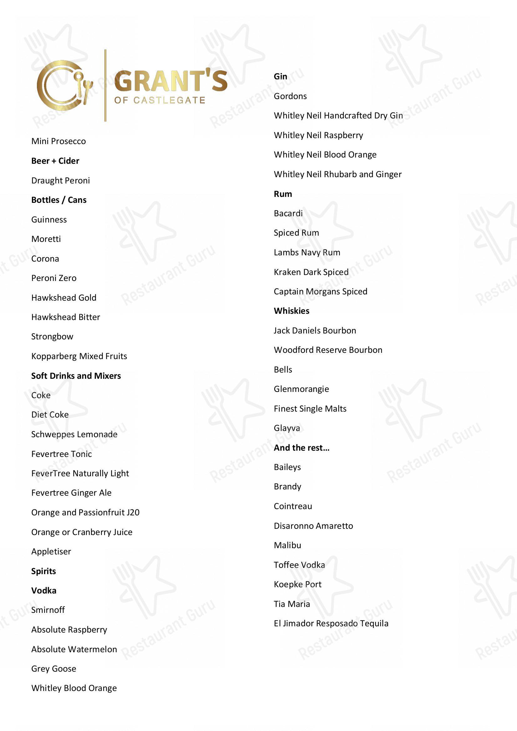 Menu at Grants Of Castlegate pub & bar, Penrith