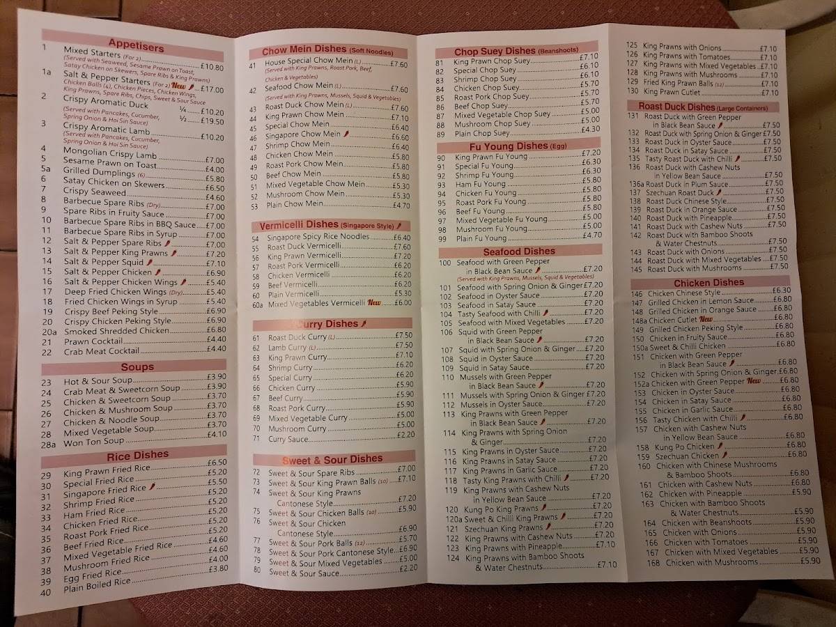 Menu at New Dragon restaurant, Gravesend
