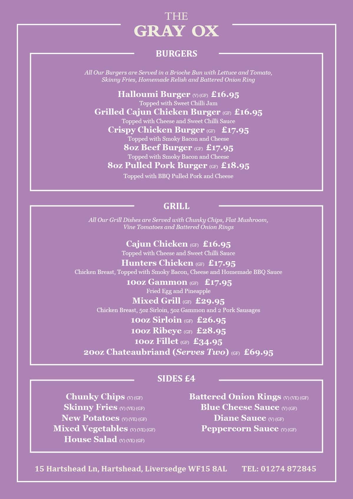 Menu at Gray Ox pub & bar, Liversedge