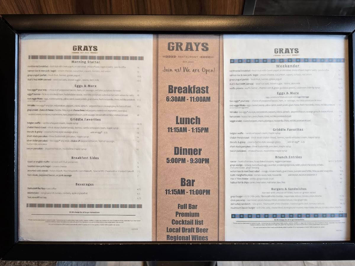 Menu at Grays Restaurant & Bar, Vancouver