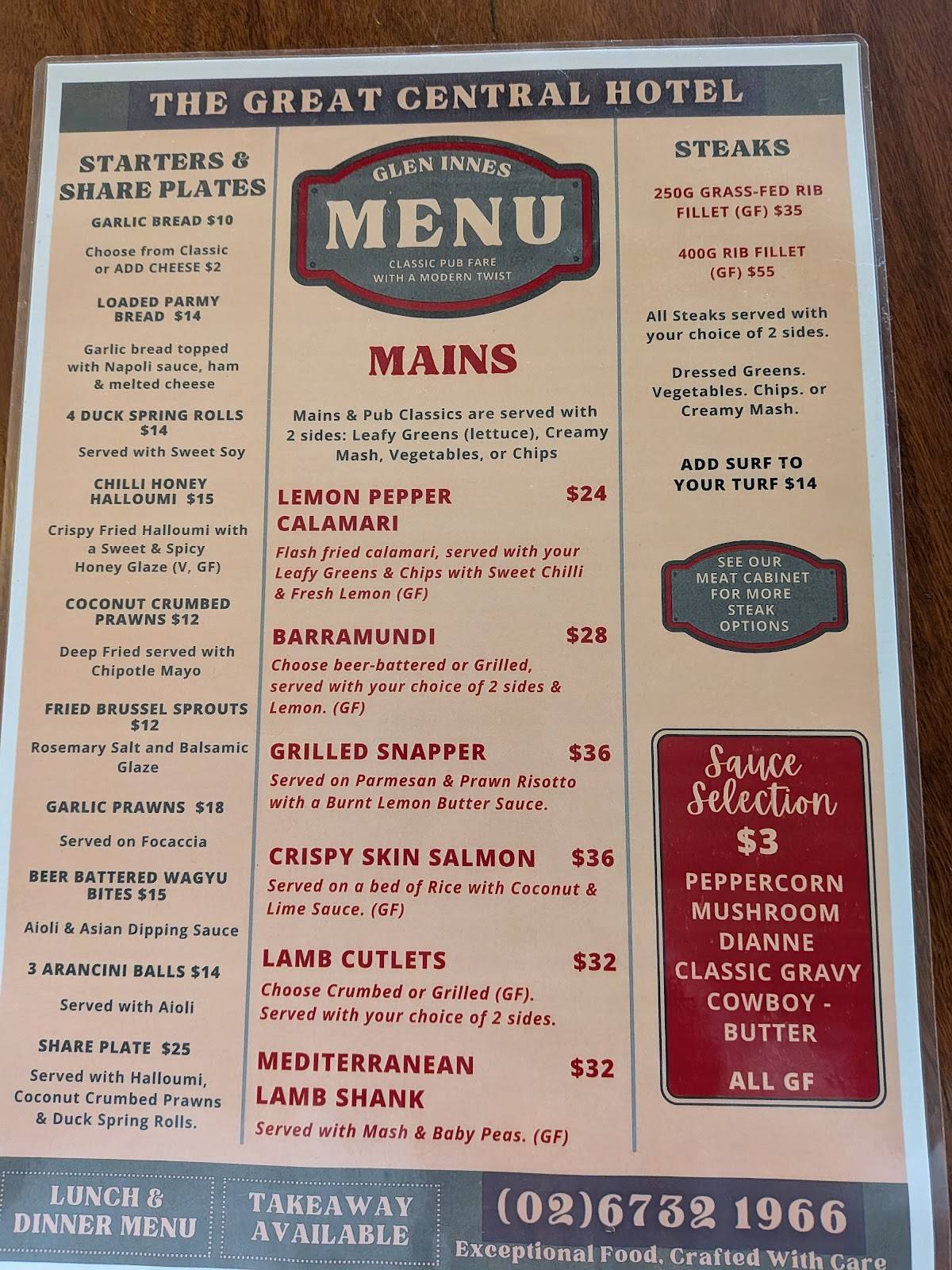 Menu at Great Central Hotel pub & bar, Glen Innes
