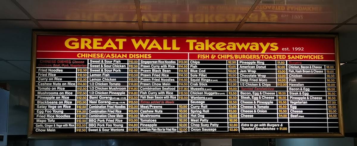 Menu at Great Wall Takeaways fast food, Dunedin