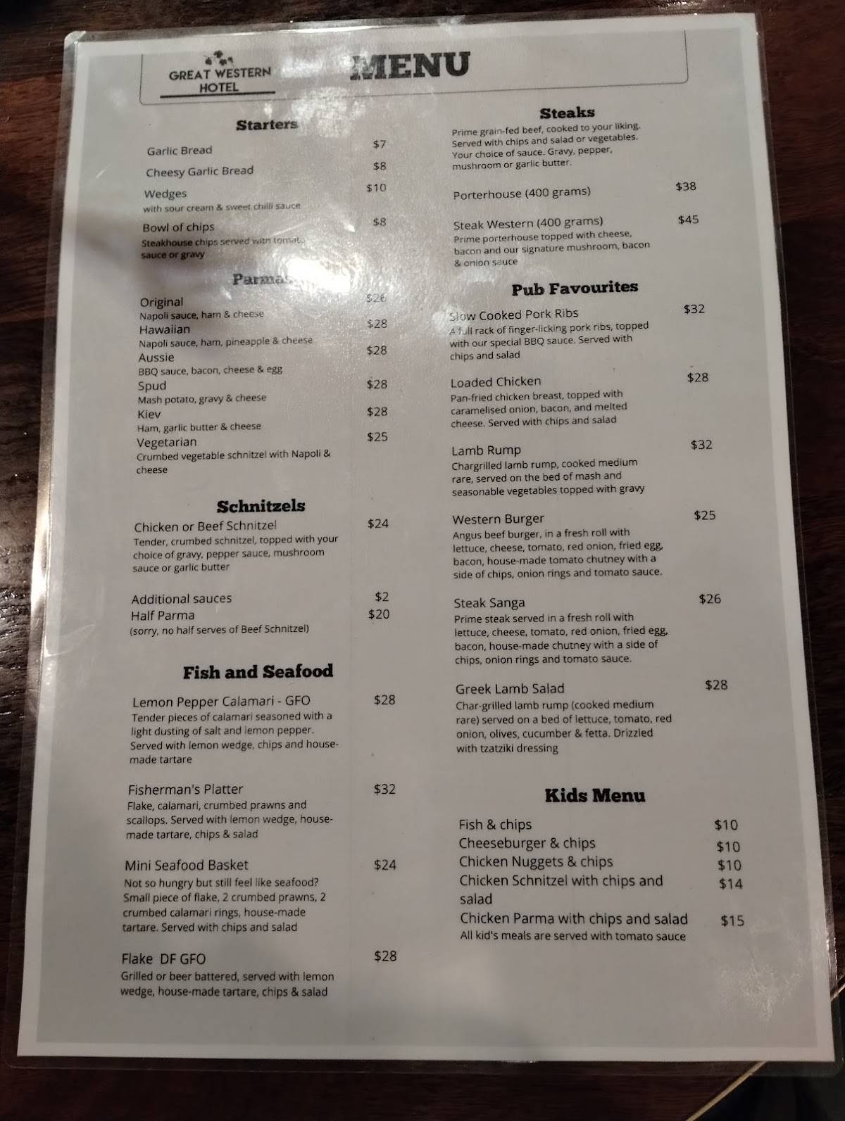 Menu at Great Western Hotel pub & bar, Great Western