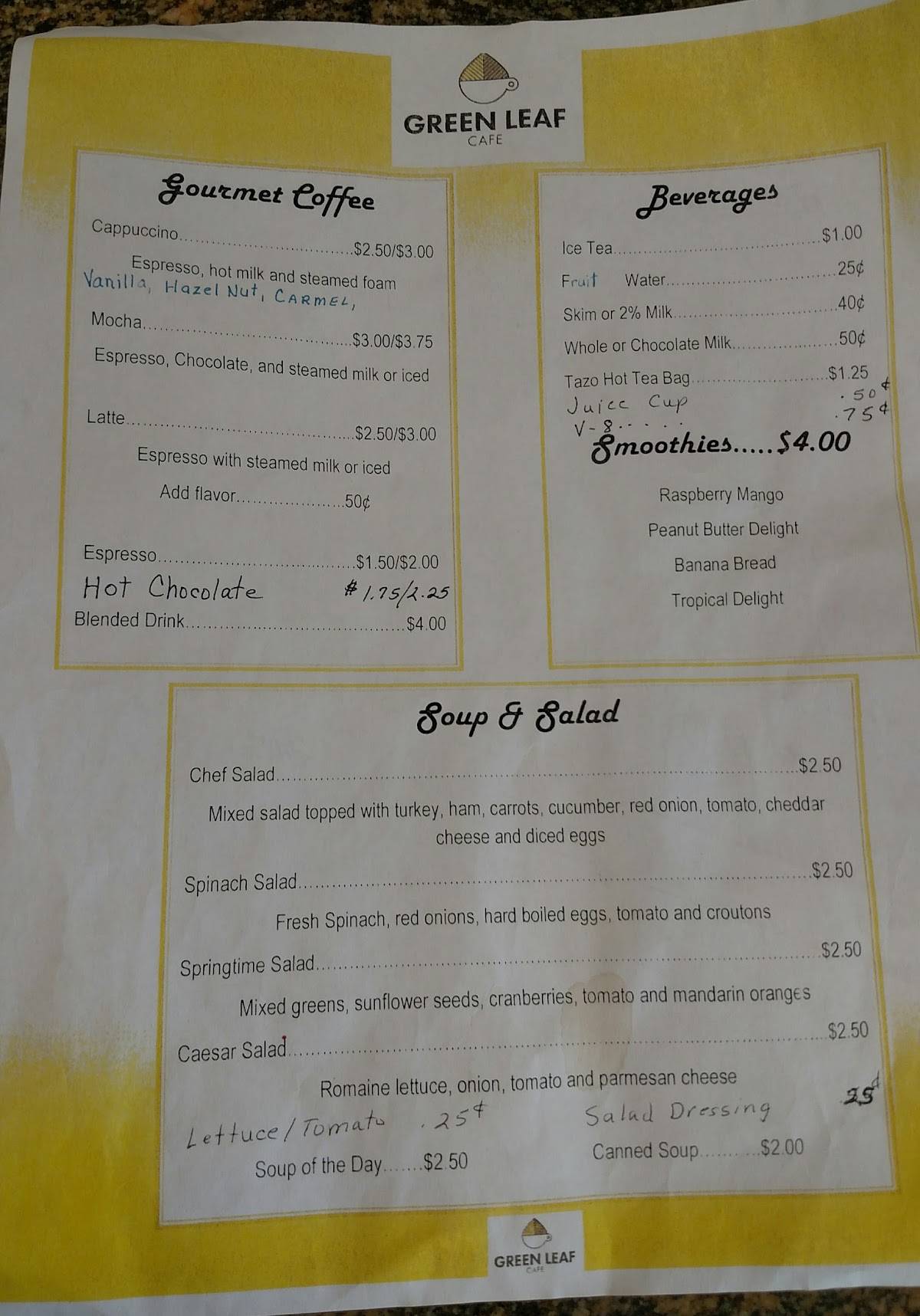 Menu at Green Leaf Cafe, Carterville