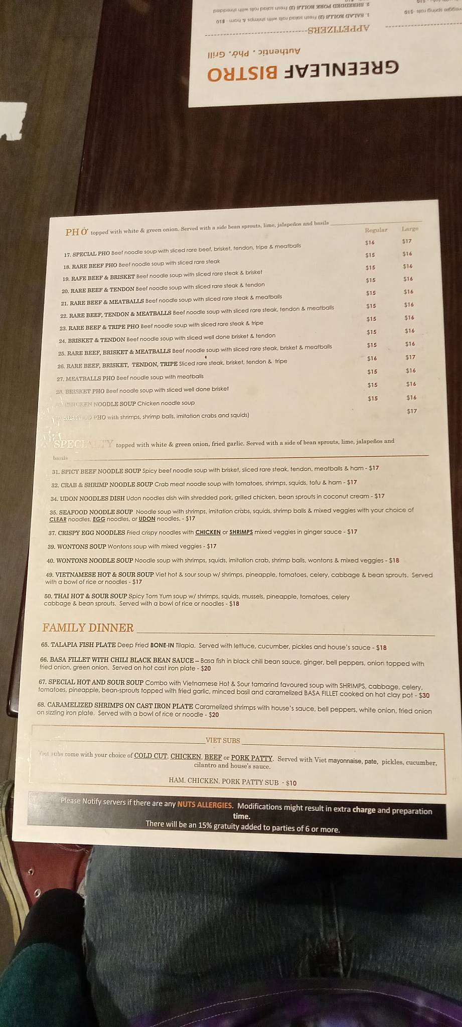 Menu at Green Leaf Vietnamese Bistro restaurant, Colwood