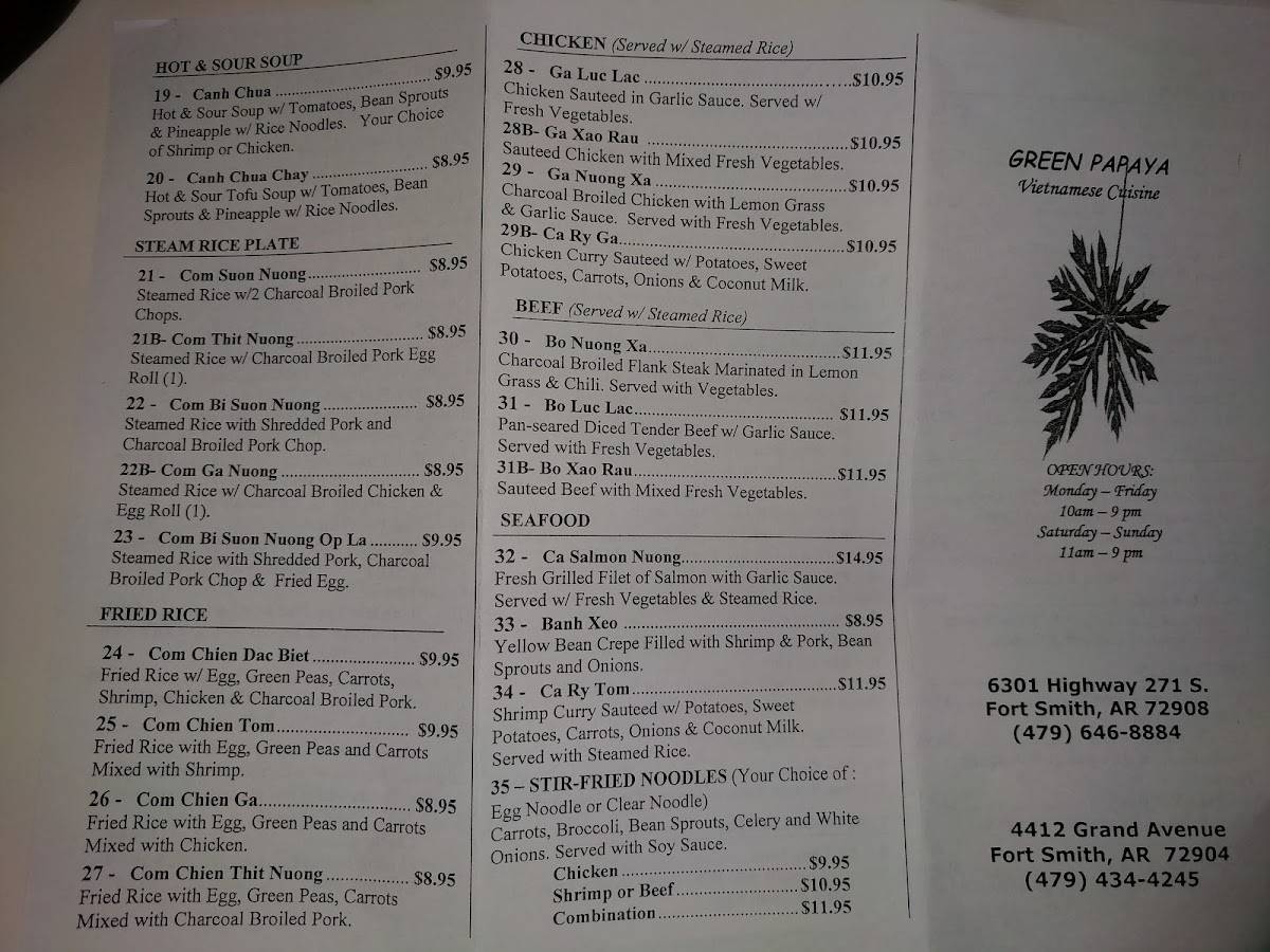 Menu at Green Papaya on Grand Ave restaurant, Fort Smith, Grand Ave