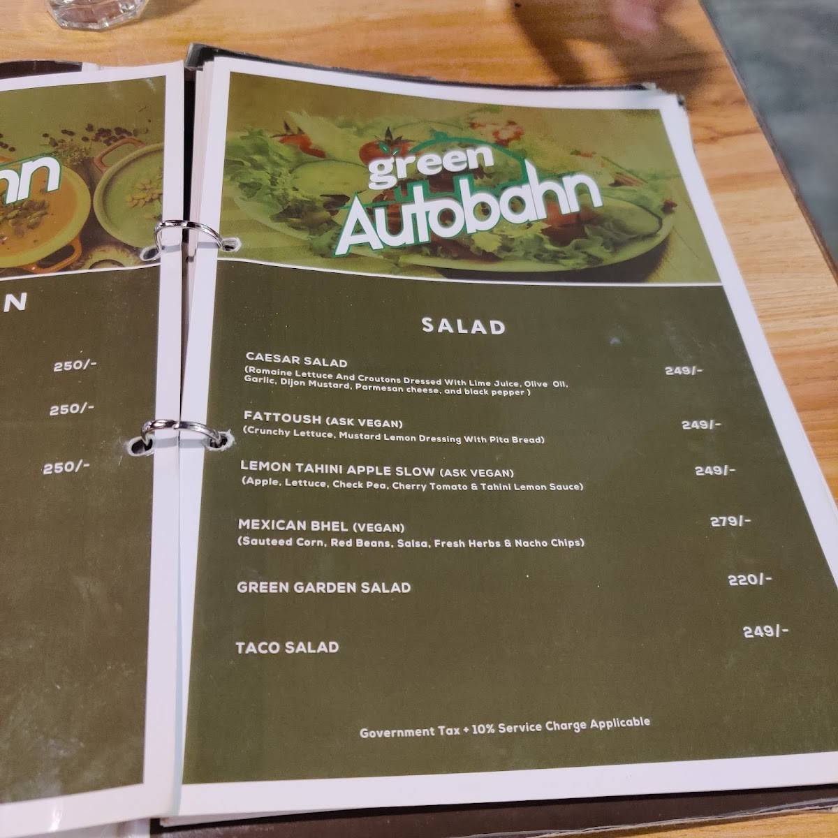 Menu at Green autobahn, Mumbai