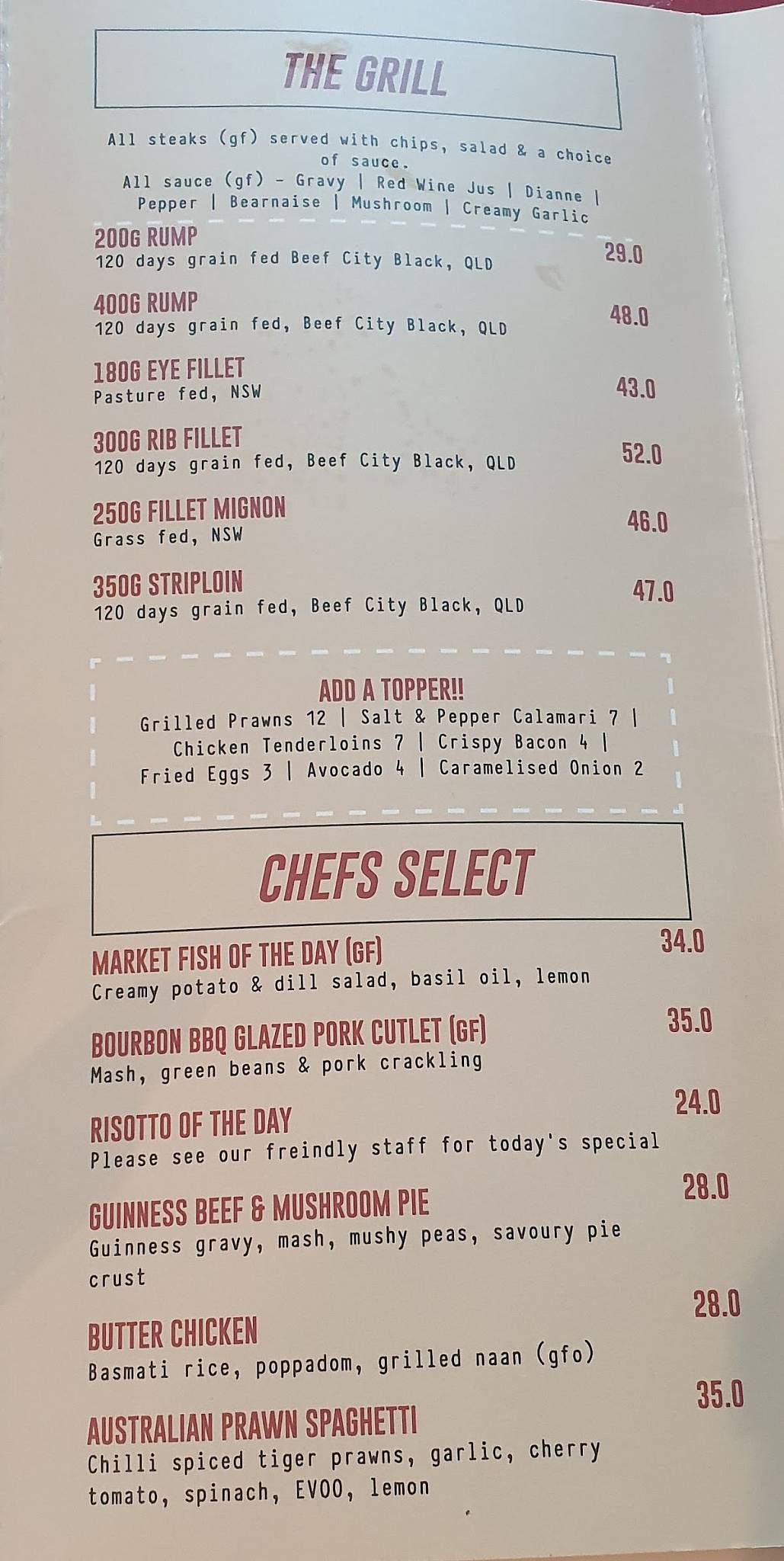 Menu at The Ox restaurant, Oxley