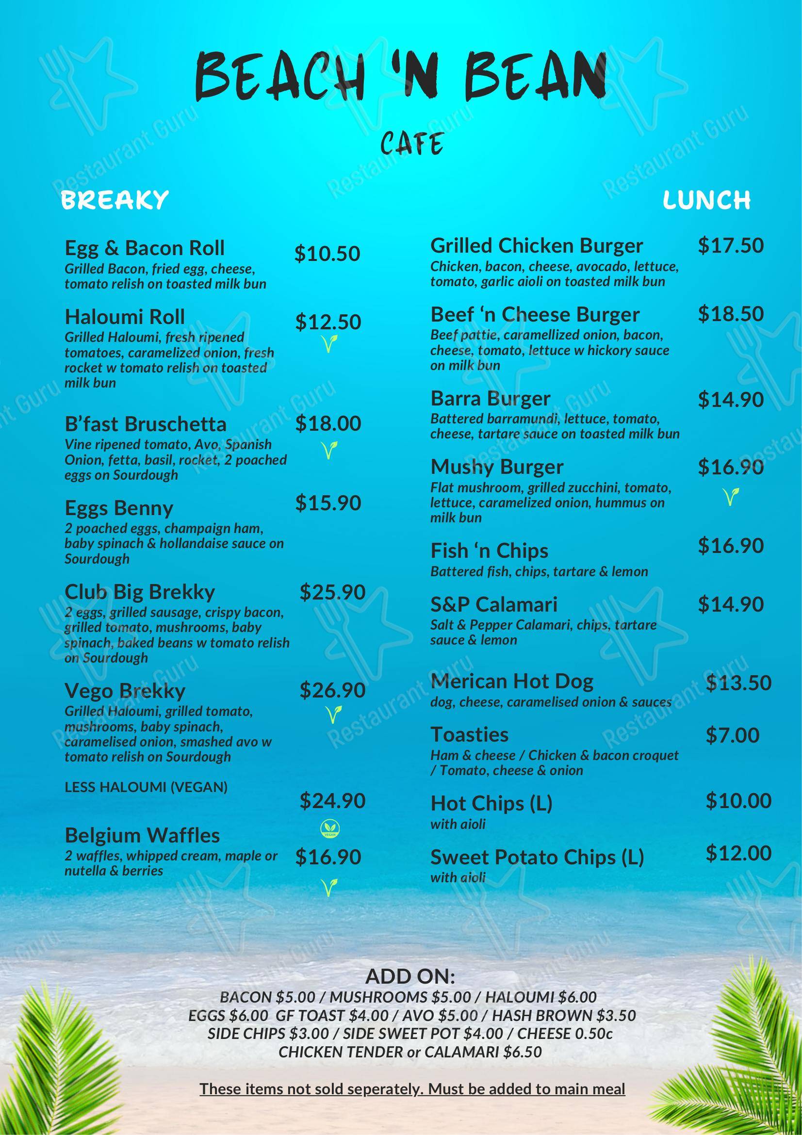 Menu at Greenmount Beach Surf Club, Coolangatta