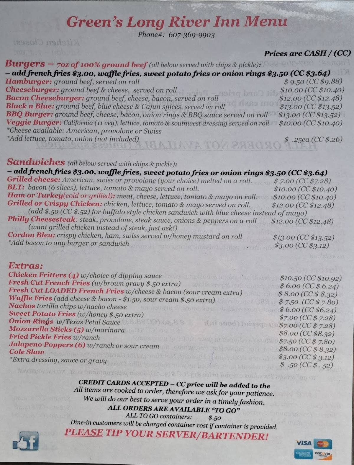 Menu at Green's Long River Inn pub & bar, Unadilla