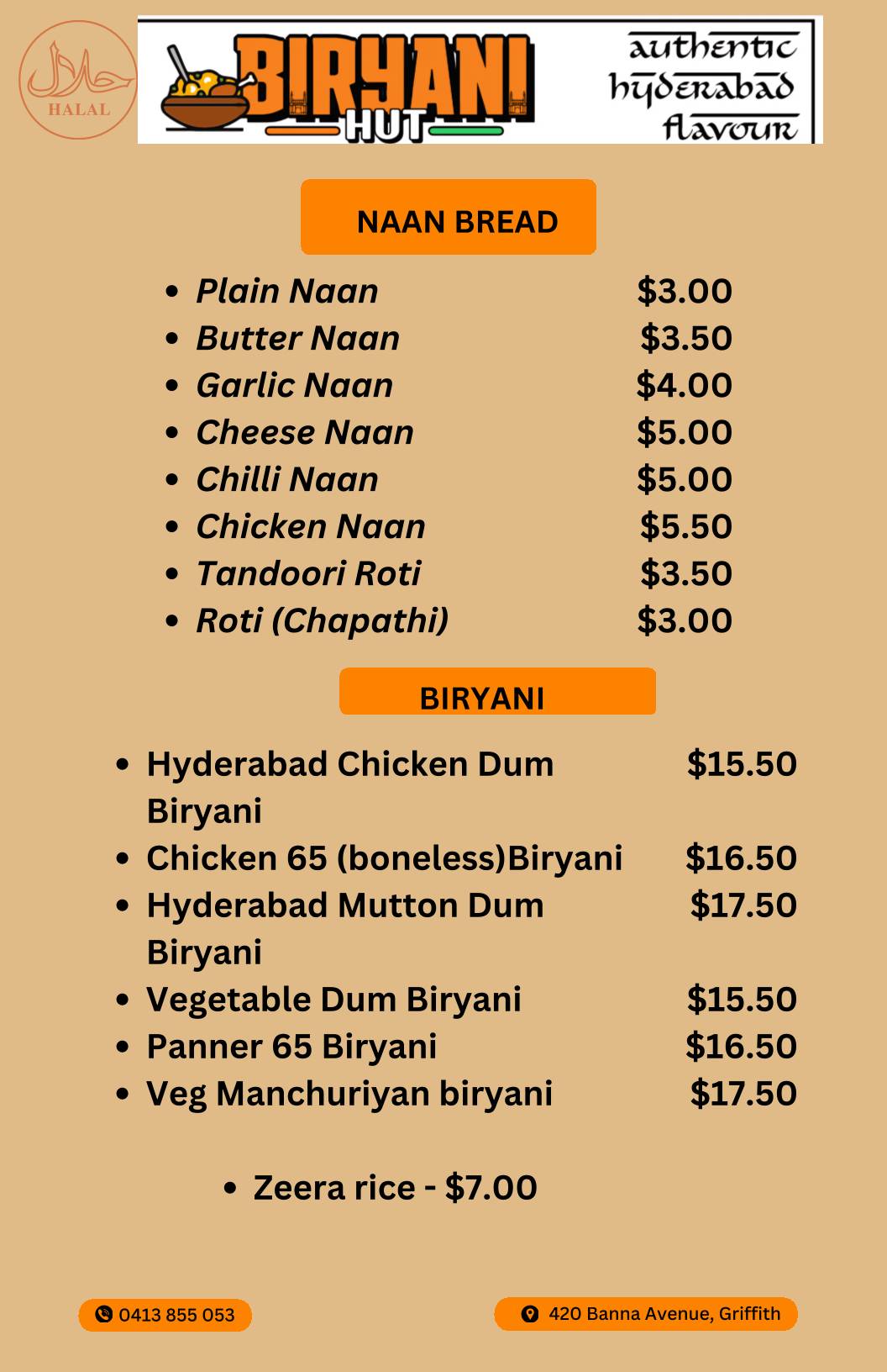 Menu at Biryani Hut Griffith restaurant, Griffith