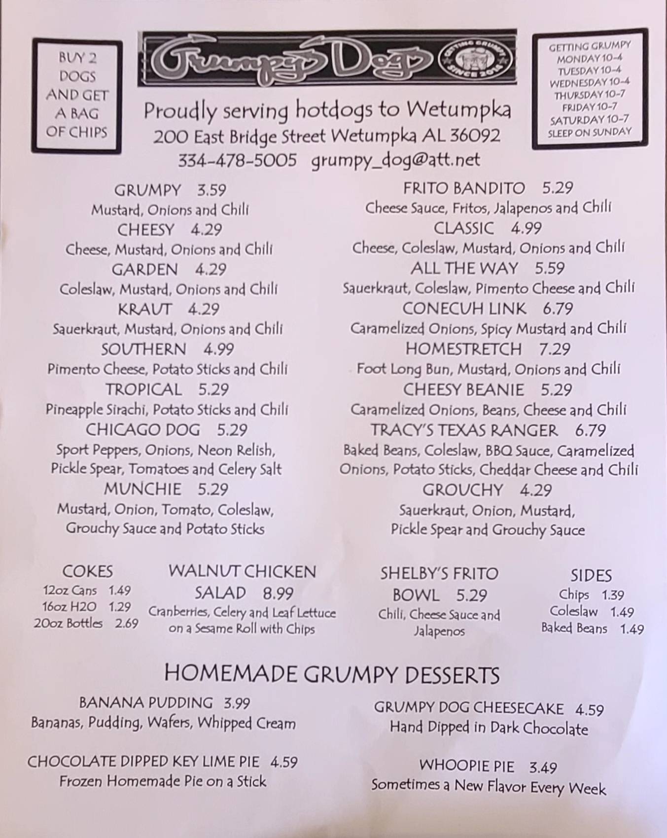 Menu at Grumpy Dog restaurant, Wetumpka