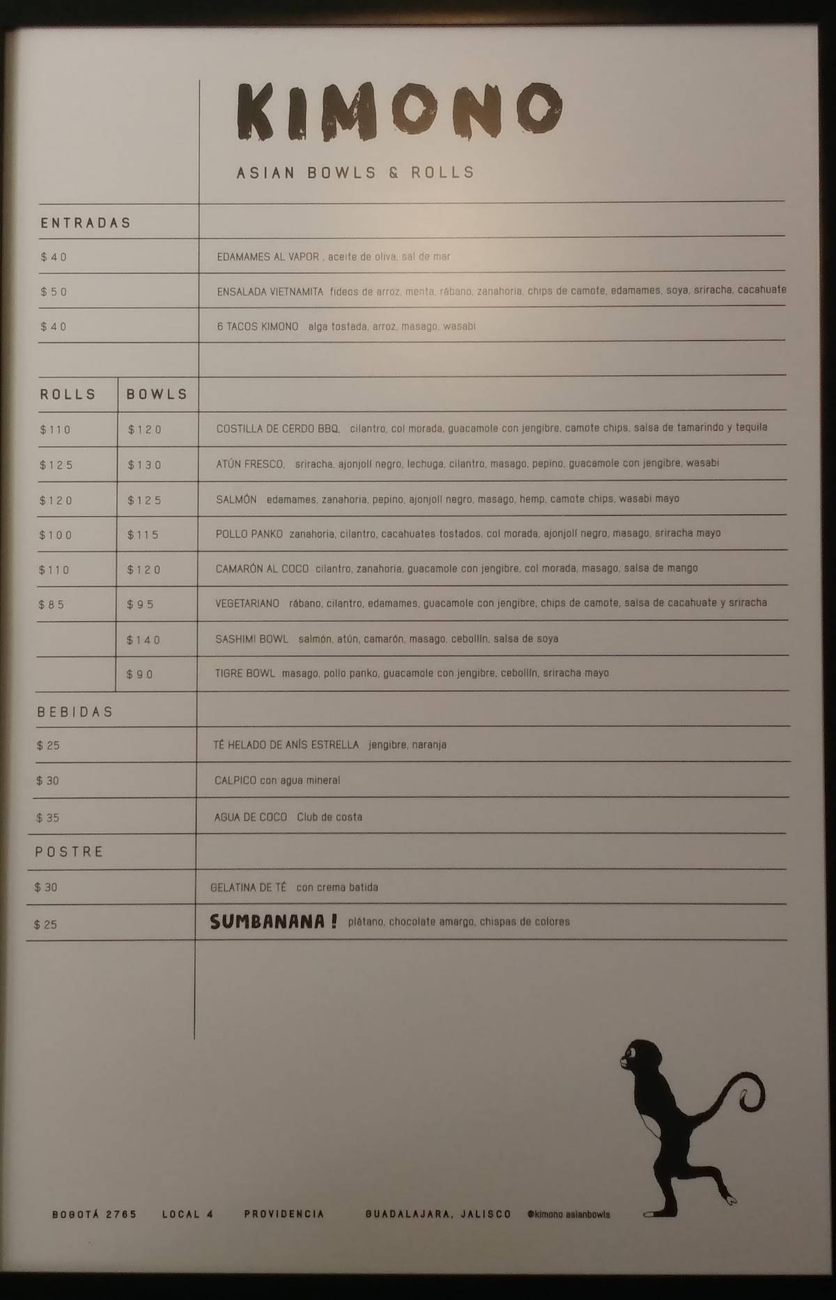 Carta del restaurante Kimono Power, Guadalajara