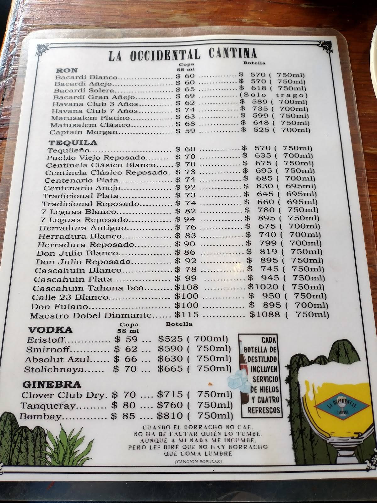 Carta del pub y bar Cantina La Occidental, Guadalajara