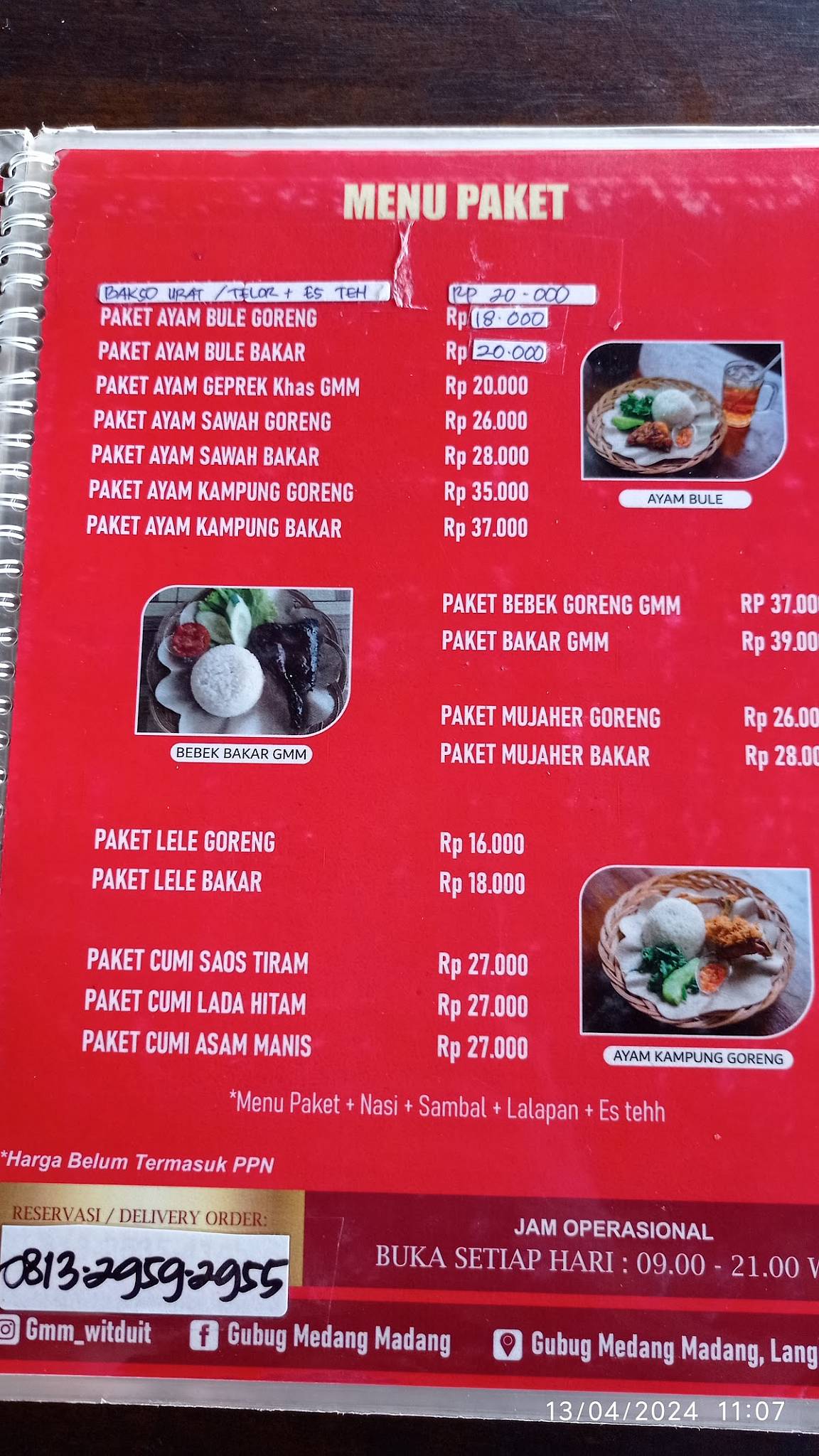 Menu at Gubug Medang Madang Langgongsari restaurant, Purwokerto