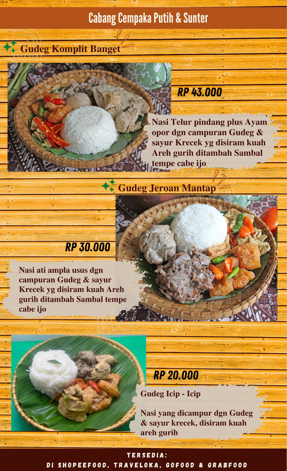 Menu at Gudeg Jogja Rasa Jakarta Bu Yus restaurant, Central Jakarta