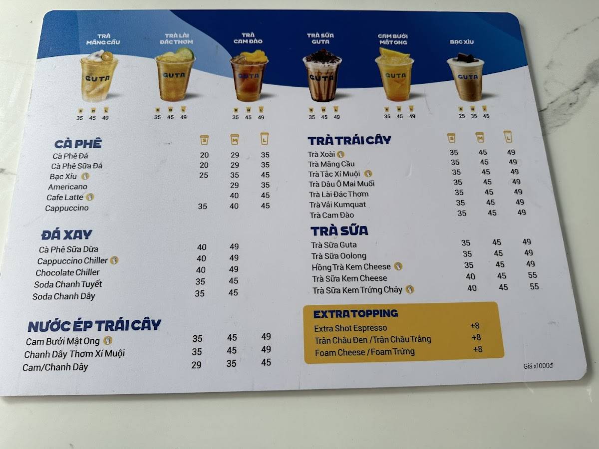 Menu at Guta Cafe, Ho Chi Minh City