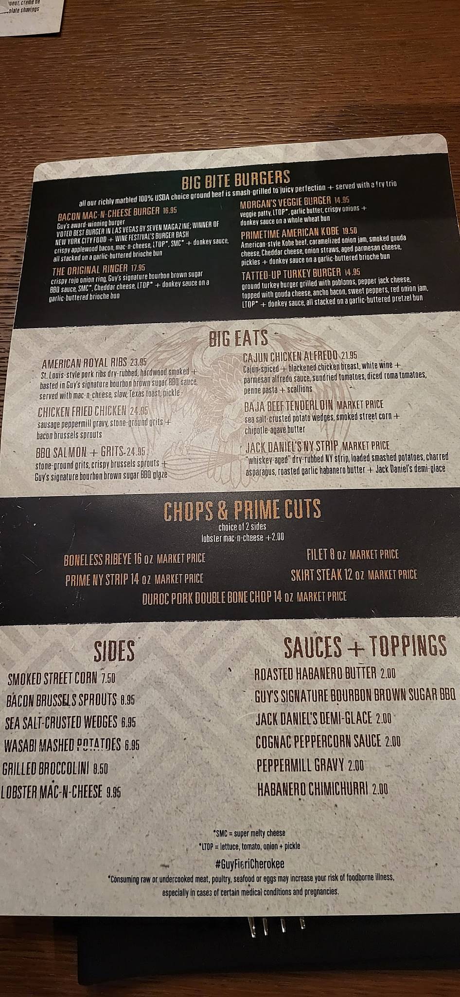 Menu at Guy Fieri's Cherokee Kitchen & Bar, Cherokee