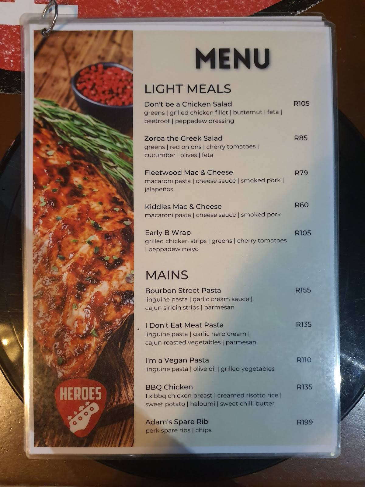 Menu at HEROES Live Restaurant Brackenfell, Cape Town
