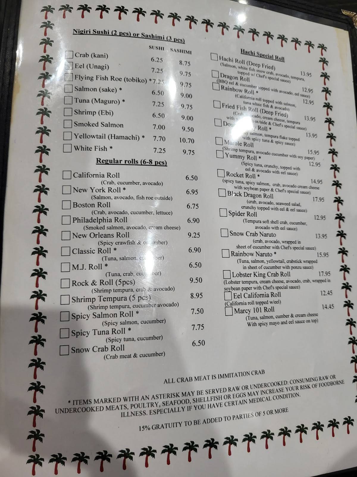Menu at Hachi Sushi and Japanese Grill restaurant, Cordele