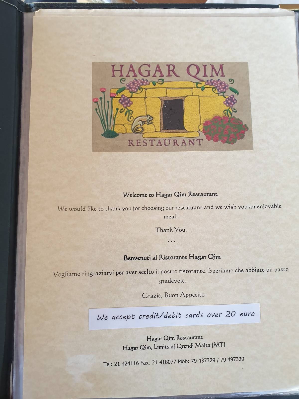 Menu at Hagar Qim Restaurant, Qrendi