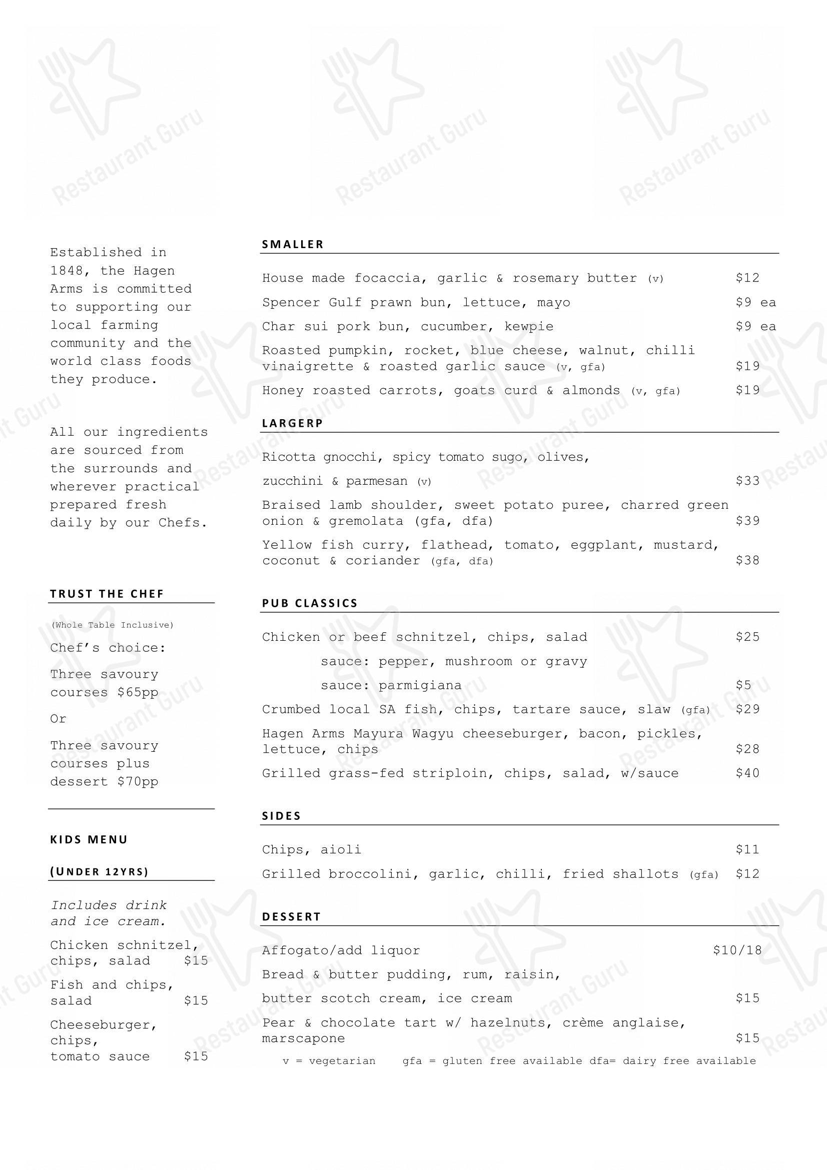 Menu at Hagen Arms Hotel pub & bar, Echunga