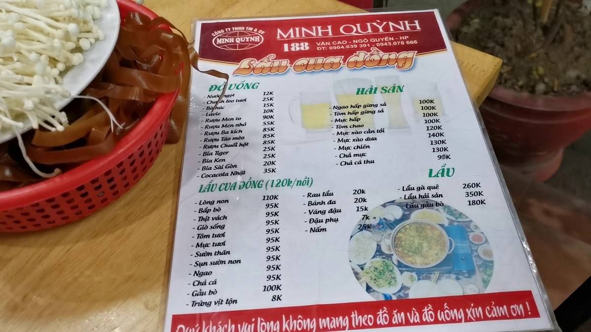 Menu at Lẩu Cua Đồng Minh Quỳnh restaurant, Hai Phong, 188 P. Văn Cao