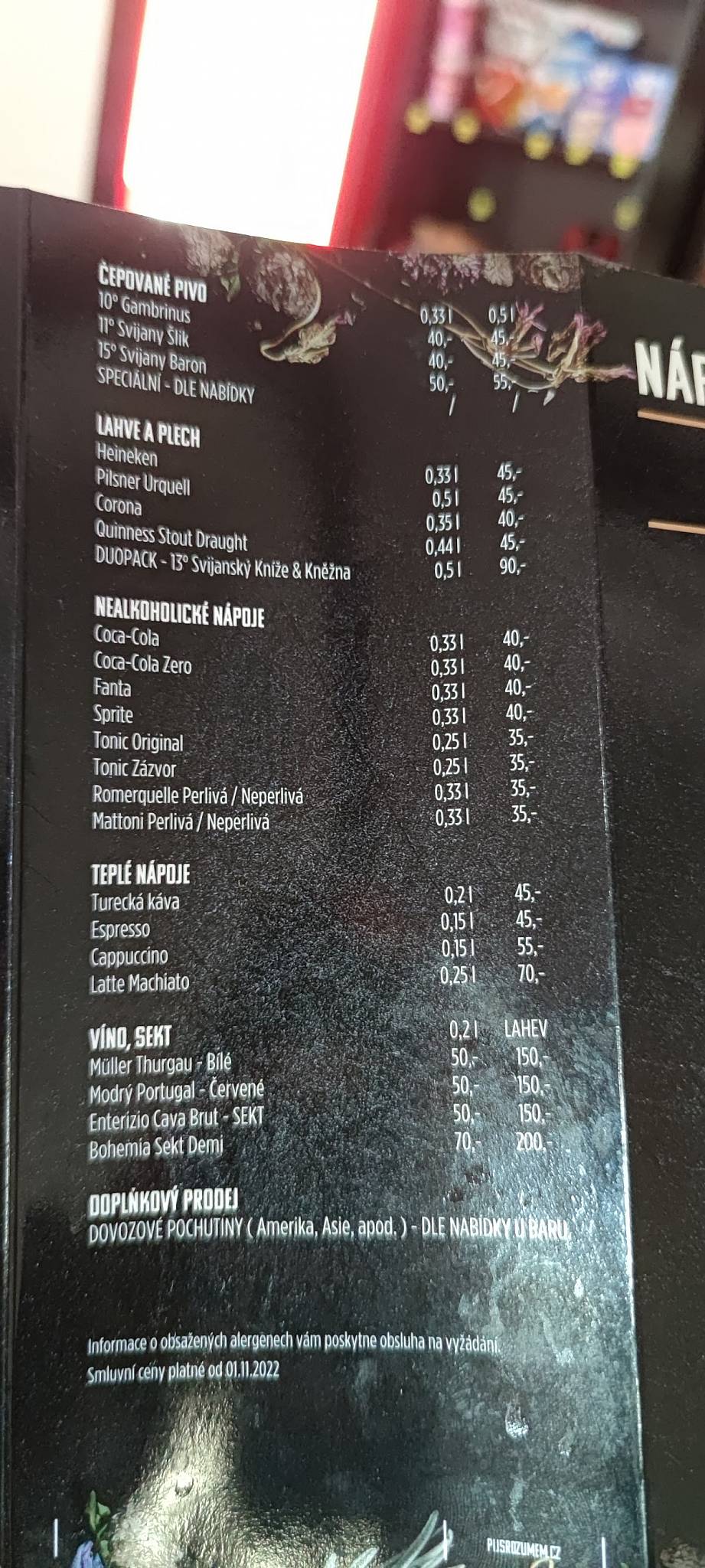 Menu at Haiti Bar, Klatovy