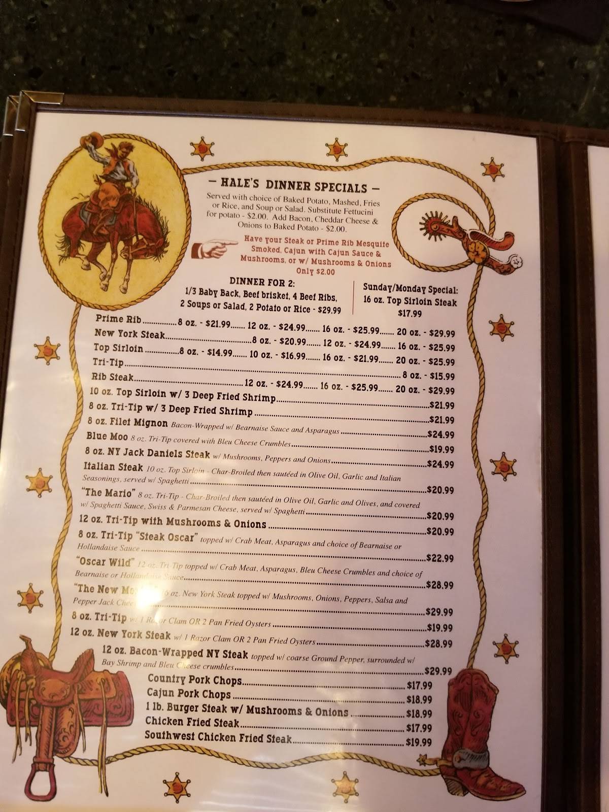 Menu at Hale's Tavern steakhouse, Hermiston
