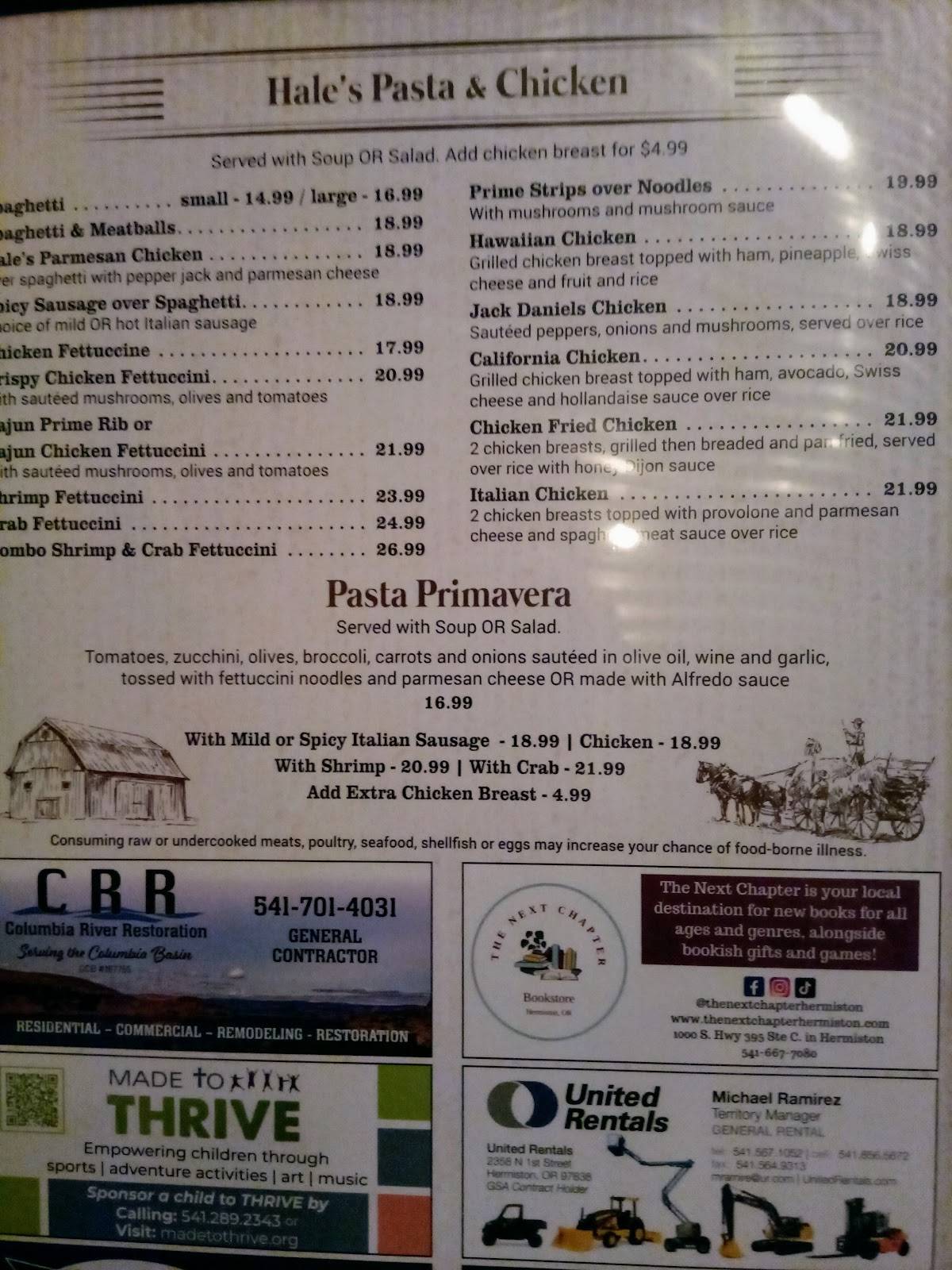 Menu at Hale's Tavern steakhouse, Hermiston