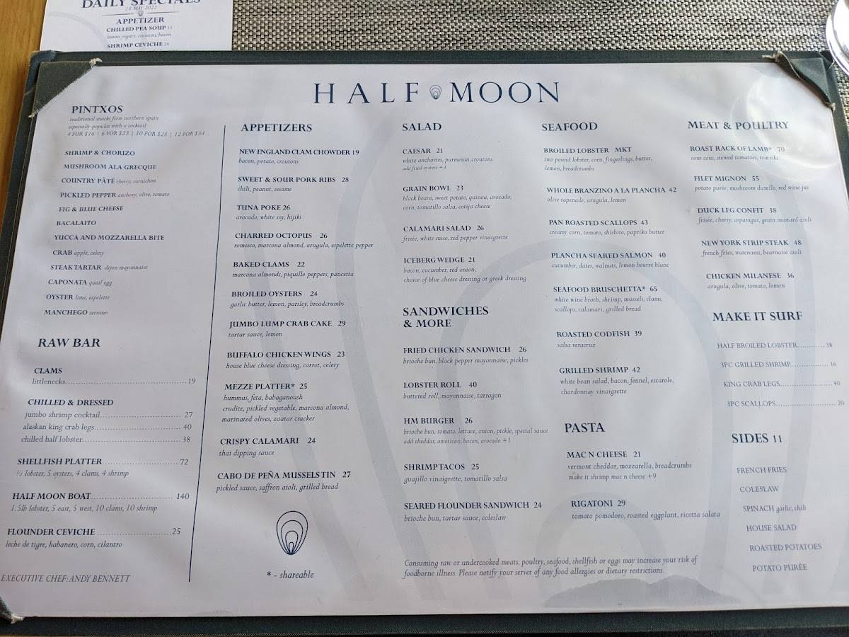 Menu at Half Moon restaurant, Dobbs Ferry