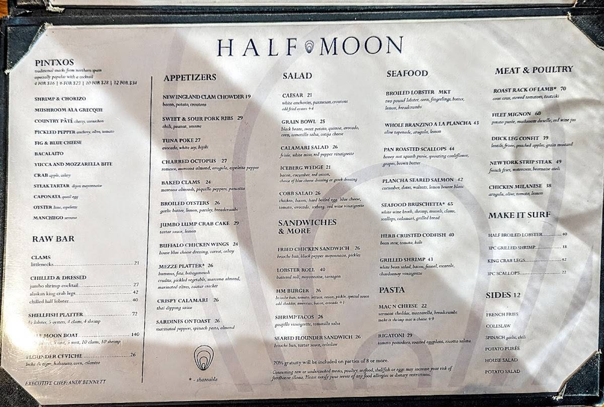 Menu at Half Moon restaurant, Dobbs Ferry