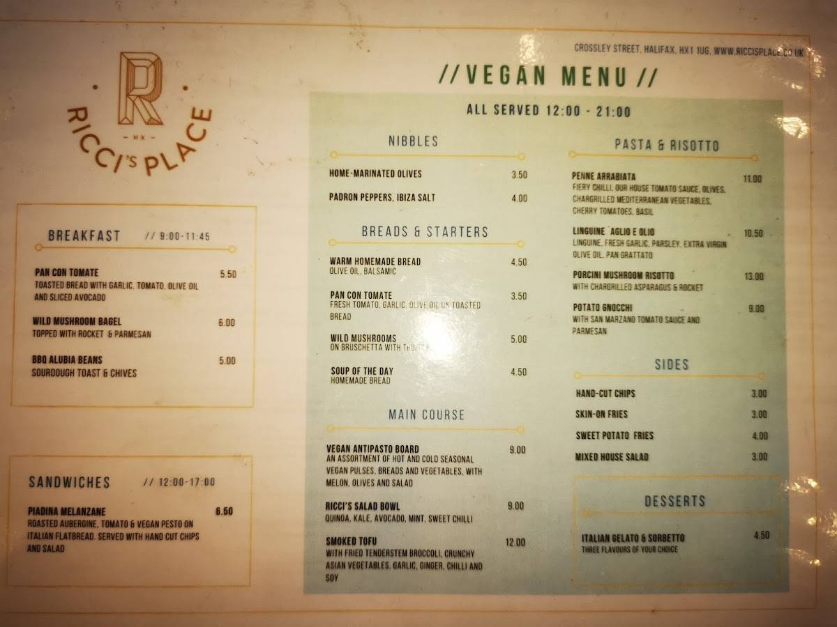 Menu at Ricci’s Place restaurant, Halifax