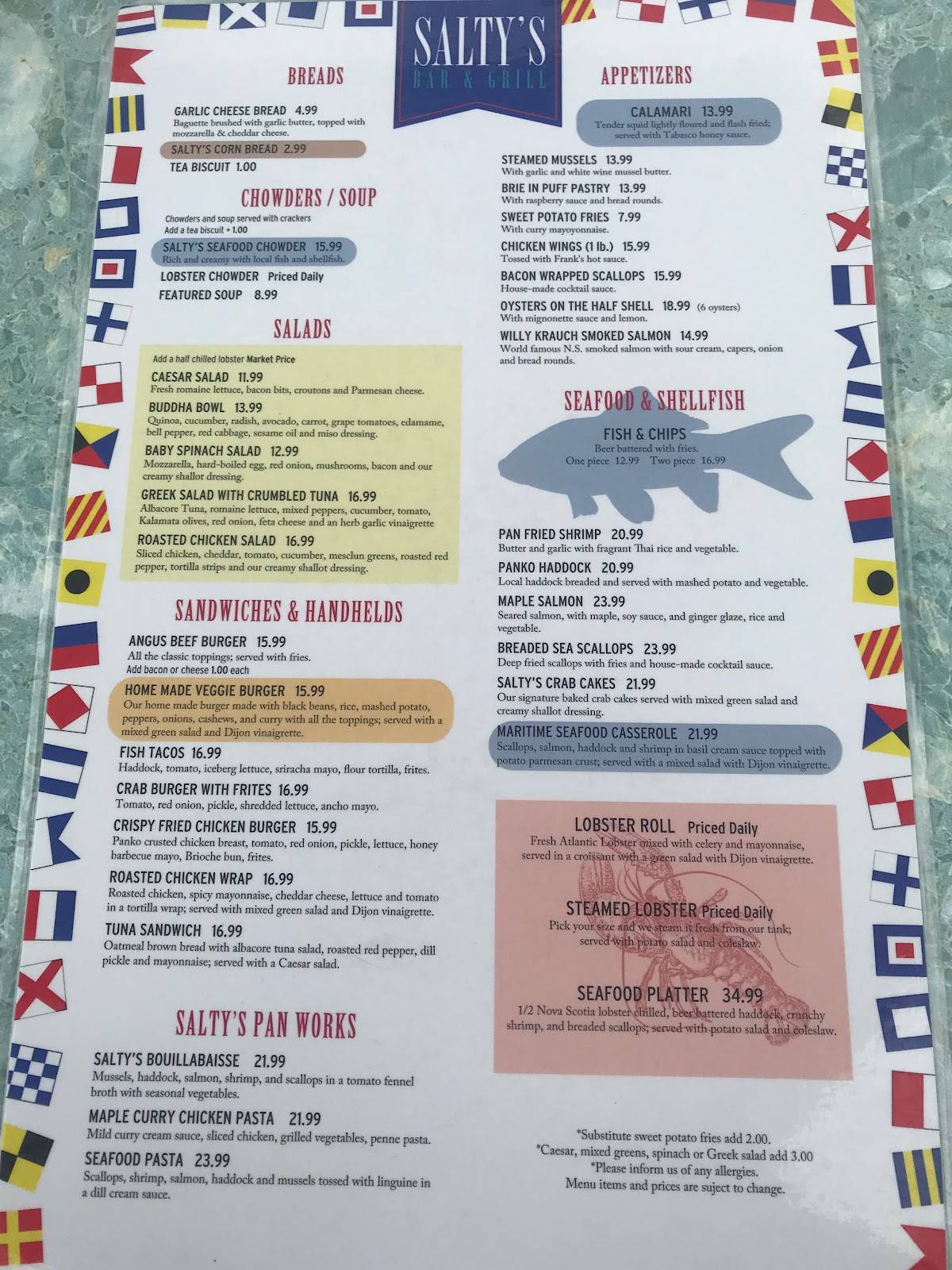 Menu at Salty's restaurant, Halifax