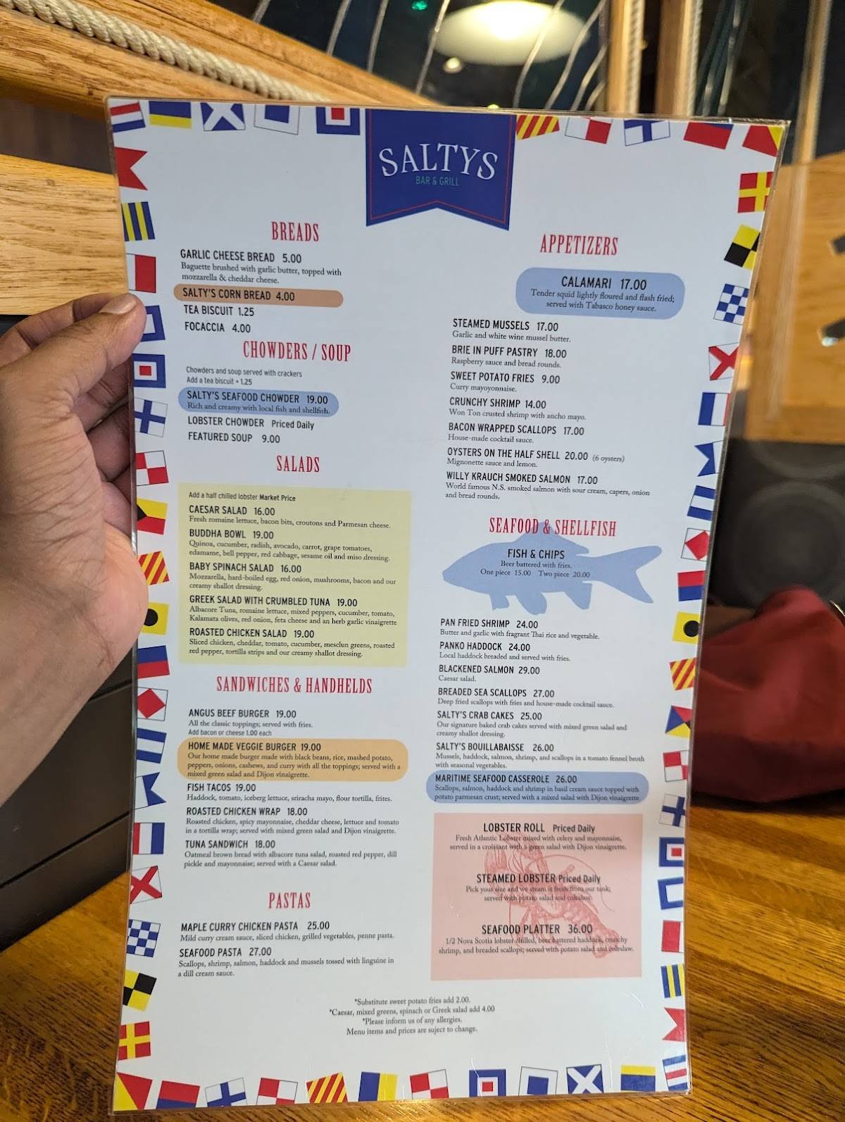 Menu at Salty's restaurant, Halifax