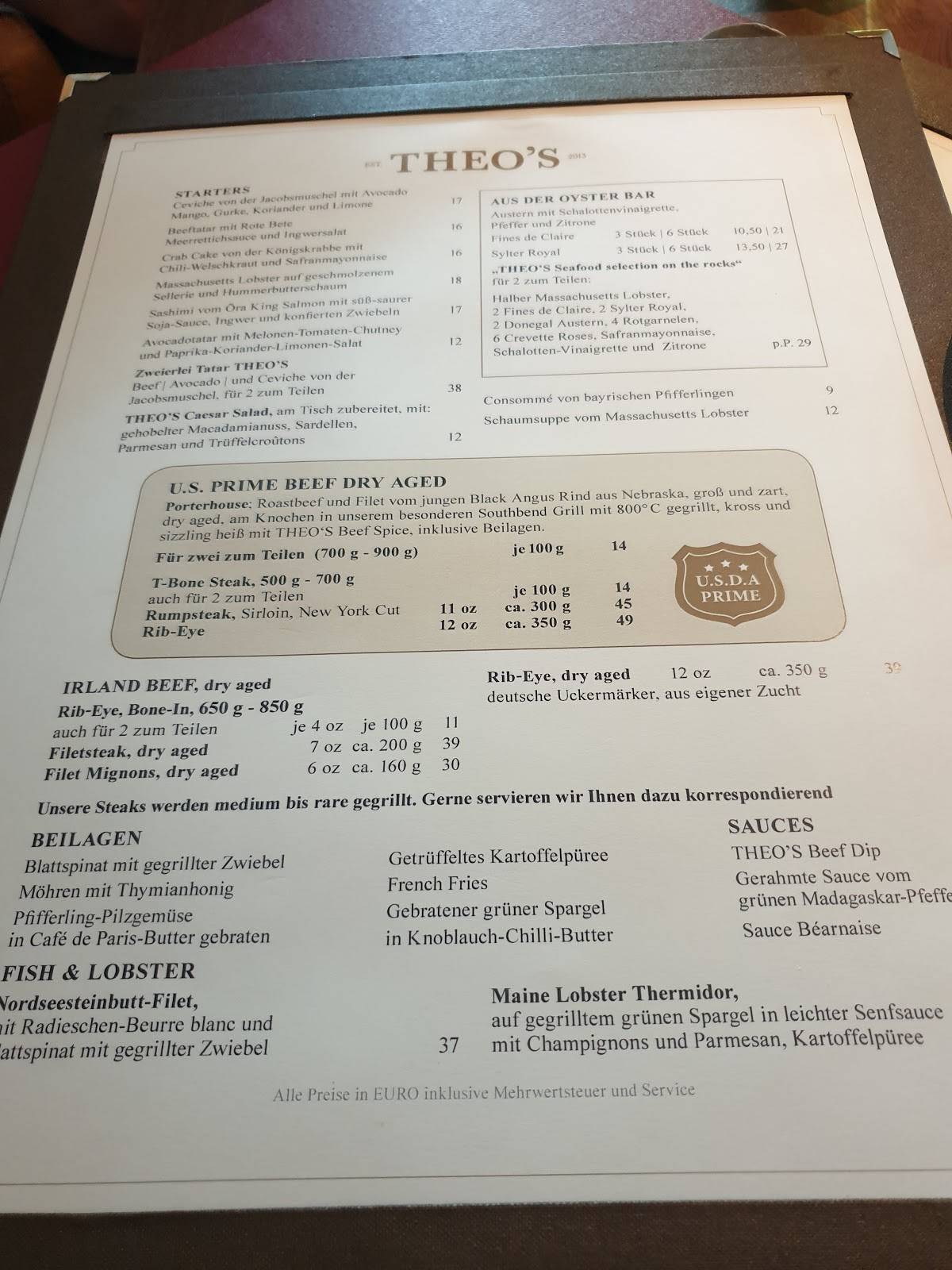 Speisekarte von THEO'S steakhaus, Hamburg