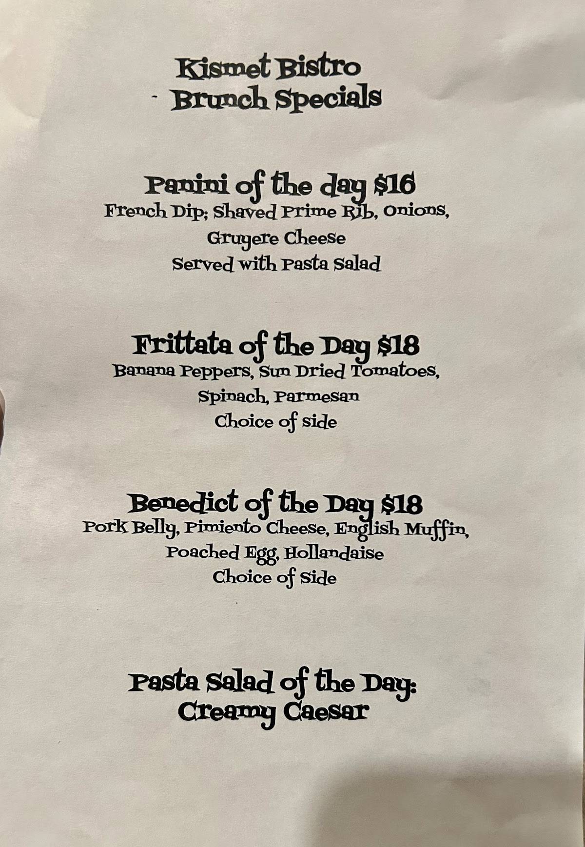 Menu at Kismet Bistro restaurant, Newport News