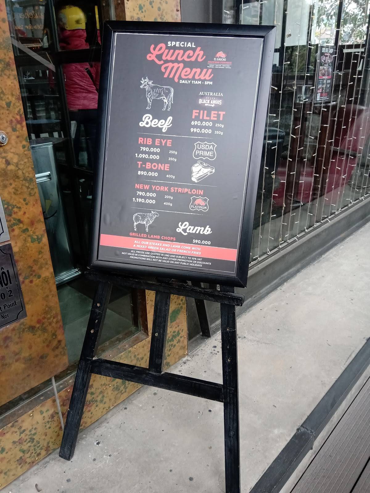 Menu at El Gaucho Tay Ho steakhouse, Hanoi