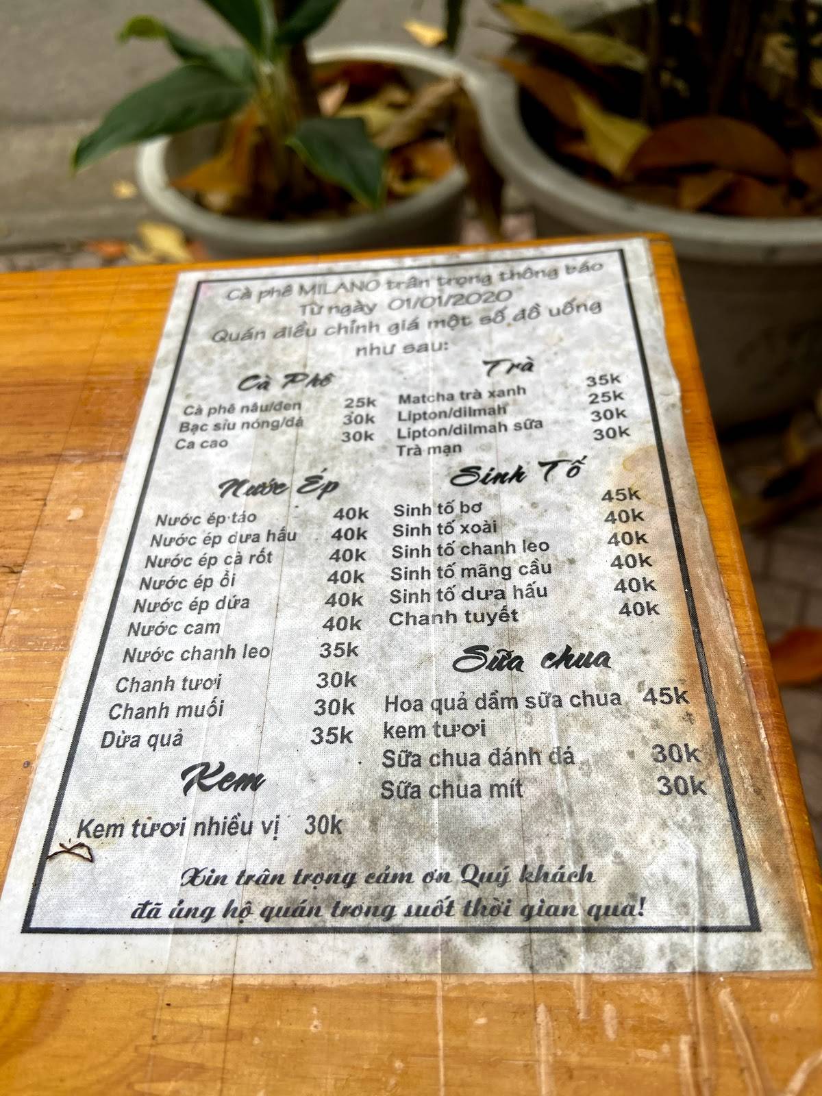 Menu at Milano Coffee cafe, Hanoi, Nhà C4
