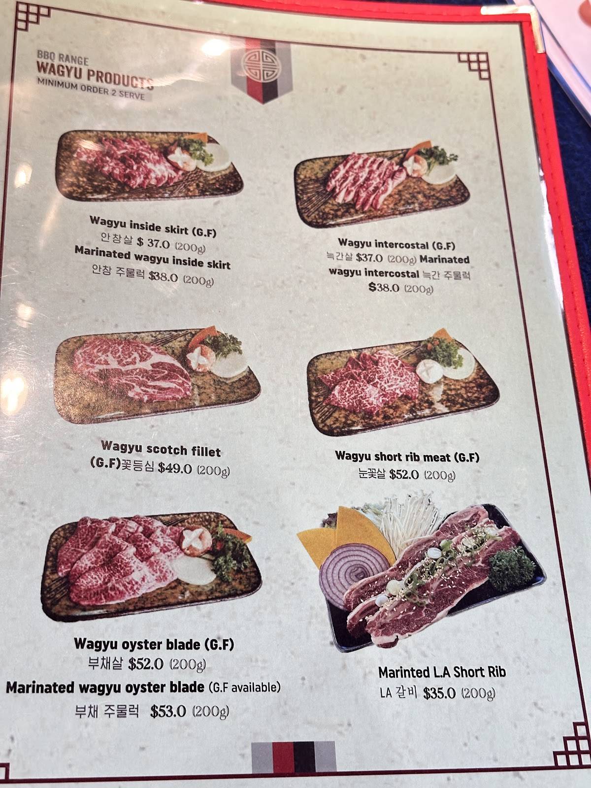 Menu at Hanok Korean BBQ, Dickson