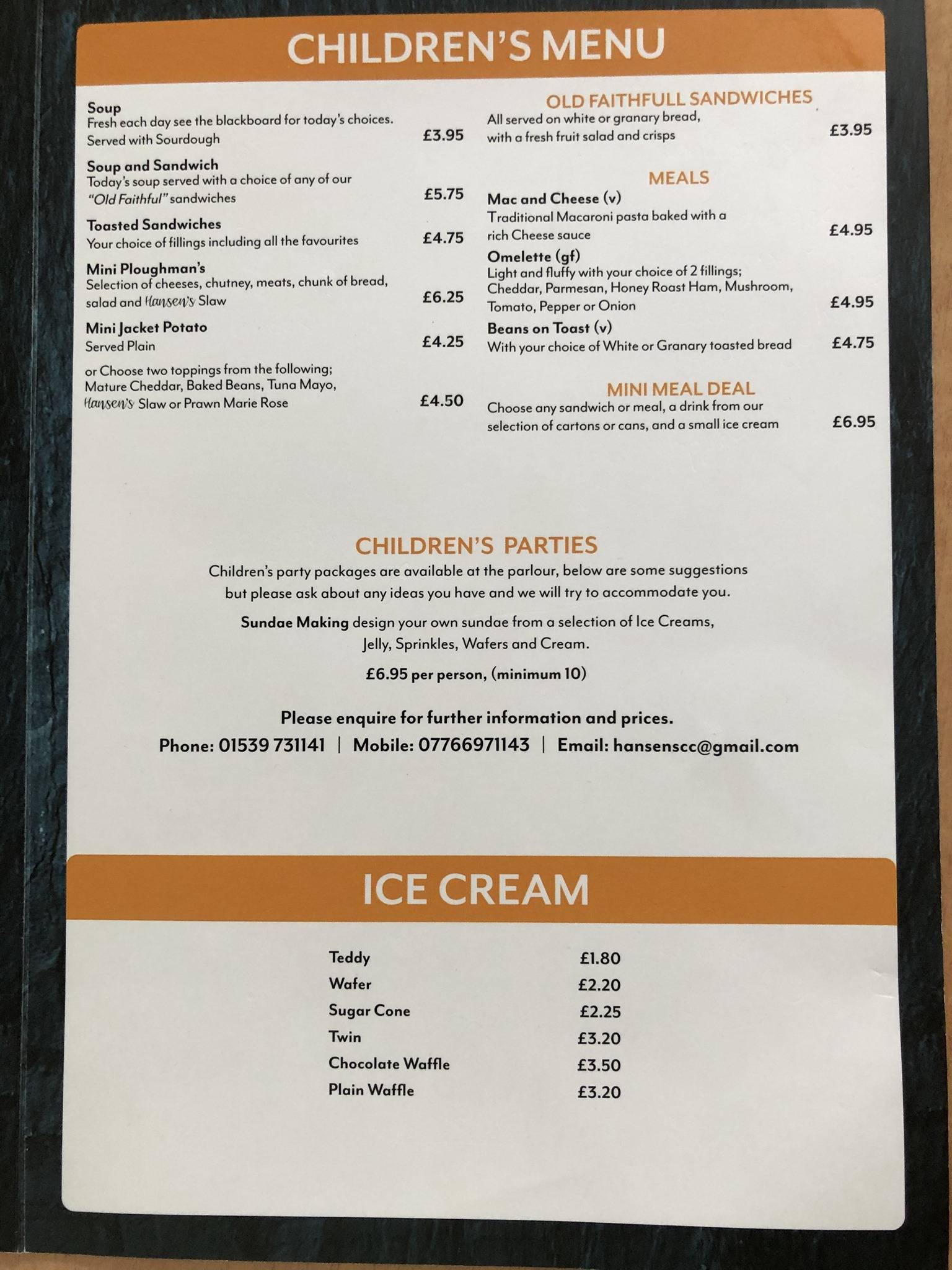 Menu at Hansen’s Ice Cream Parlour and Café cafe, Kendal