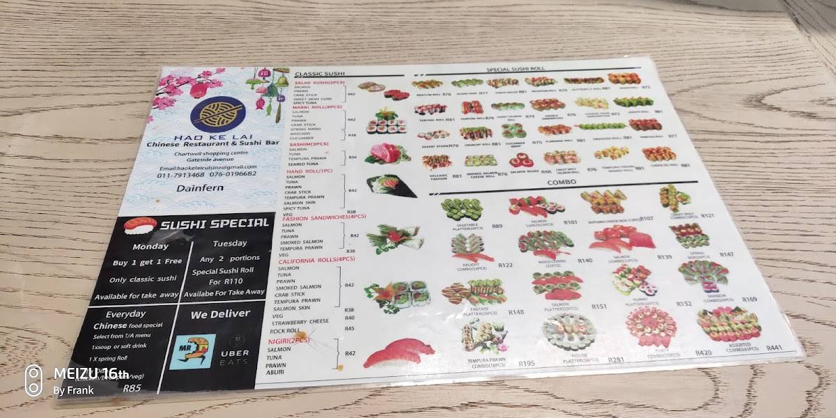 Menu at Hao li Lai Chartwell shopping centre restaurant, Midrand