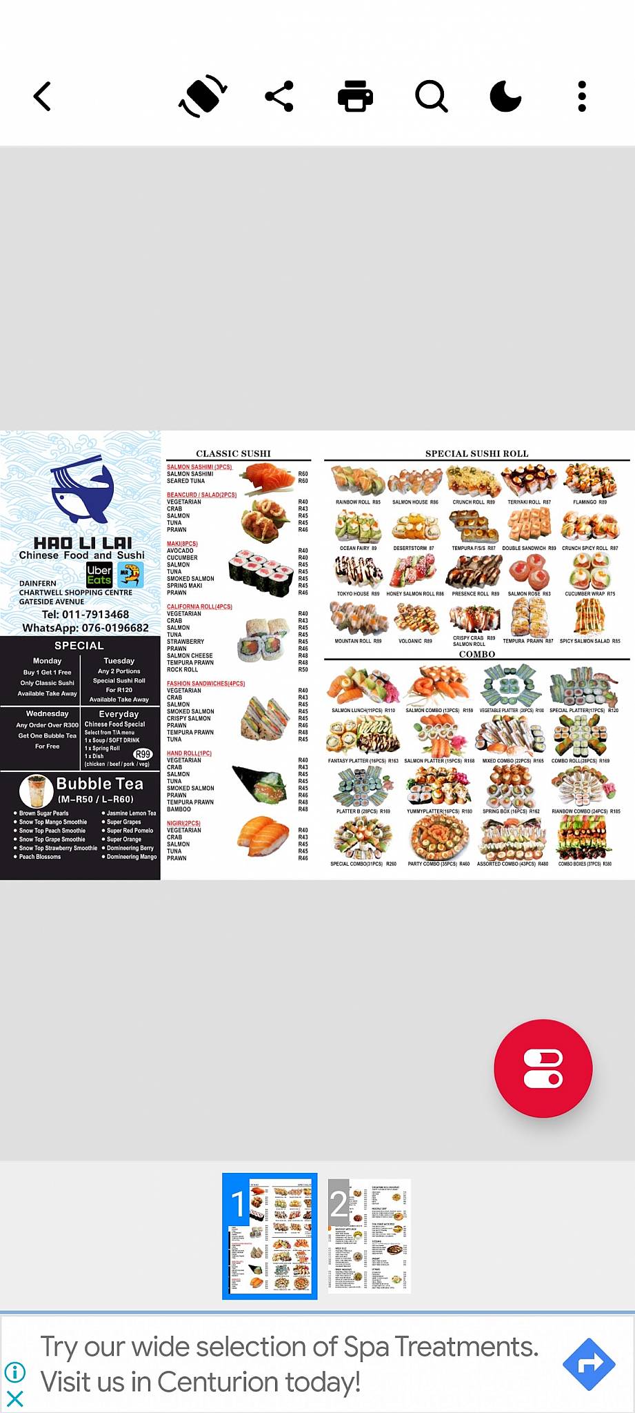 Menu at Hao li Lai Chartwell shopping centre restaurant, Randburg