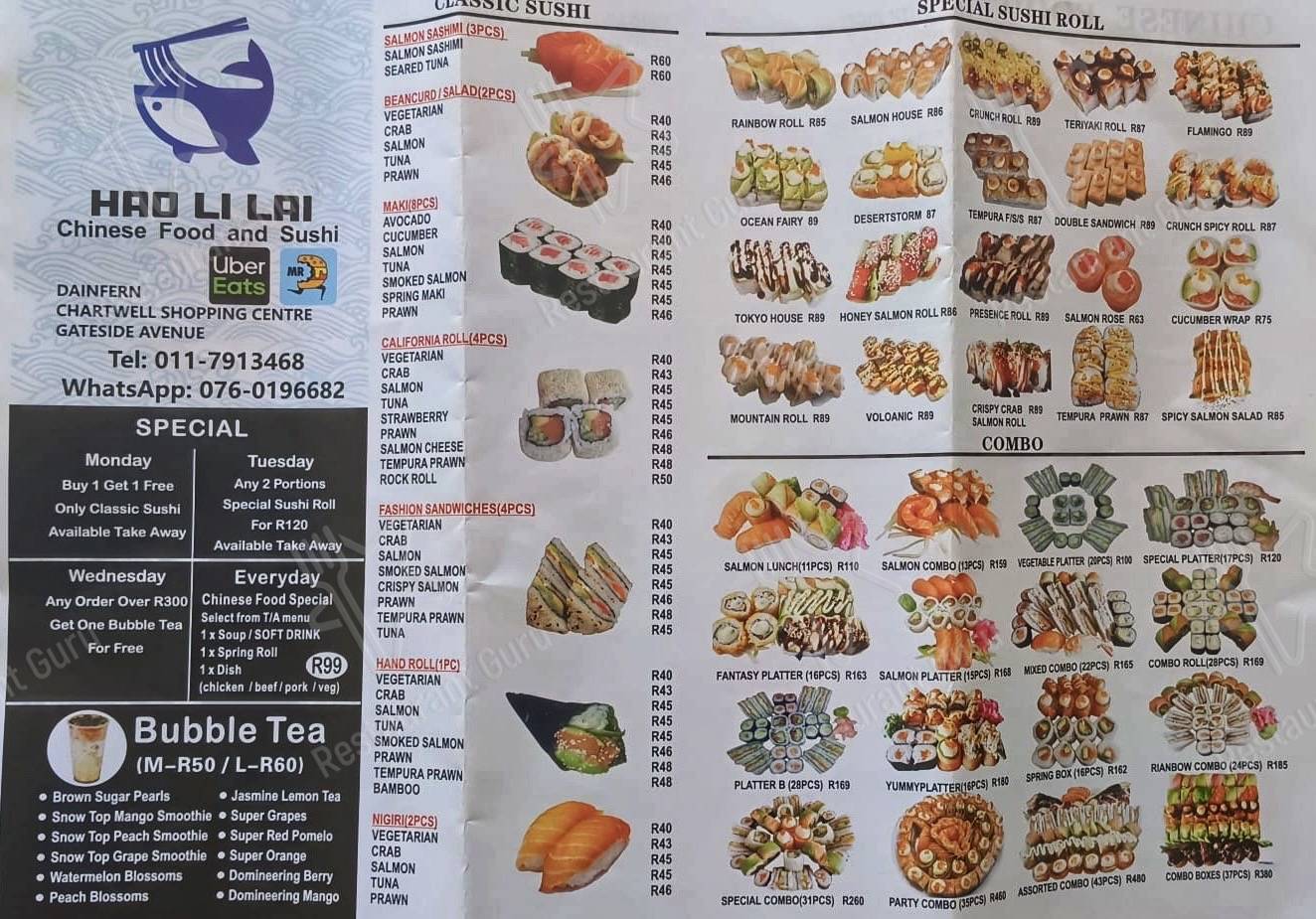 Menu at Hao li Lai Chartwell shopping centre restaurant, Randburg