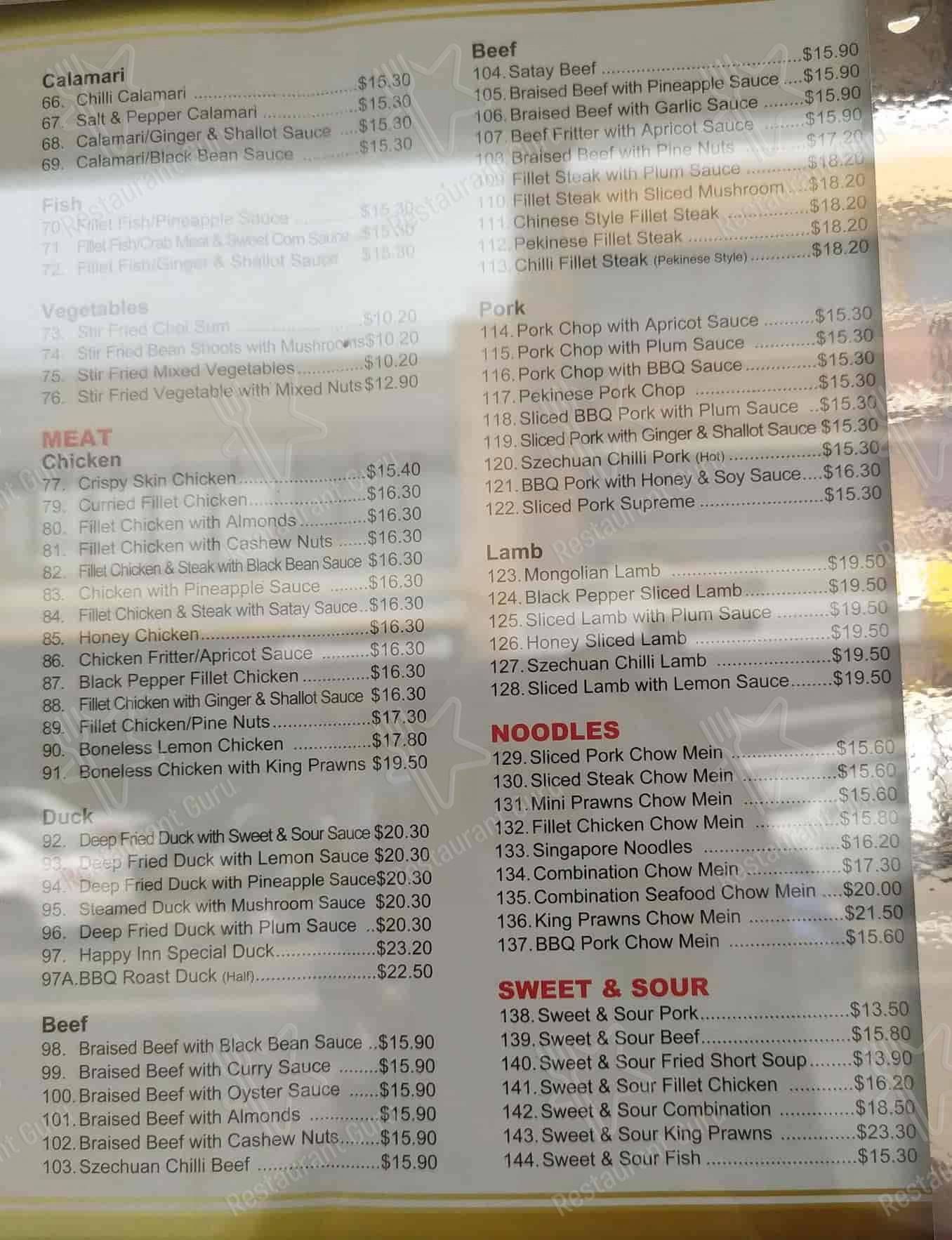 Menu at Happy Inn restaurant, Penrith