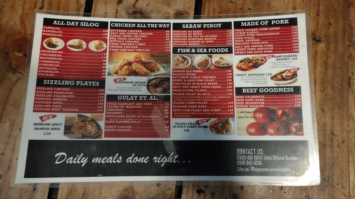 Menu at Happy Marianna restaurant, Manila