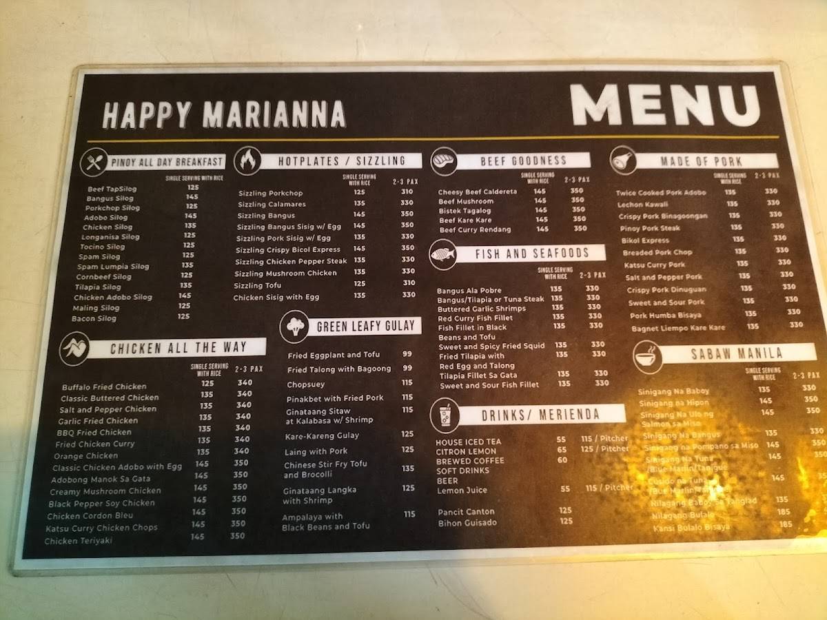 Menu at Happy Marianna restaurant, Manila