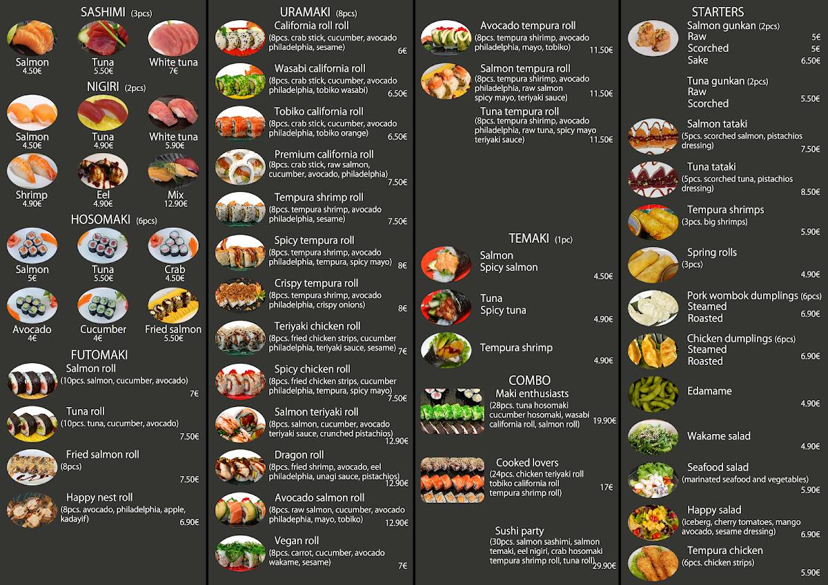 Menu at Happy World Sushi restaurant, Athens