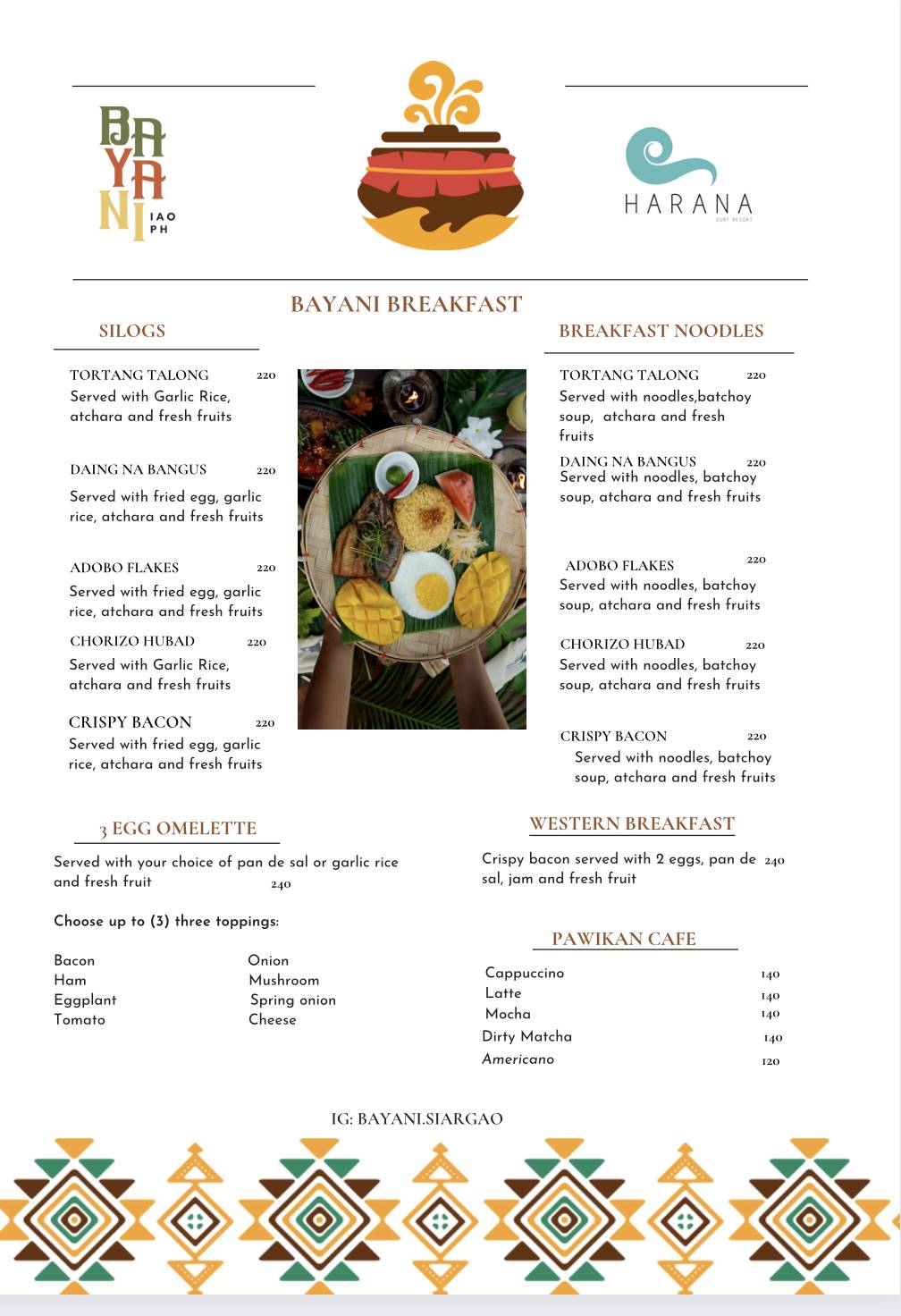 Menu at Harana Surf Resort pub & bar, General Luna
